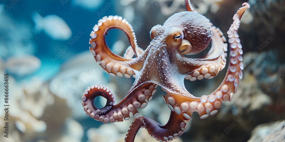 Octopus camouflages to evade sharks in underwater environment. Concept ...
