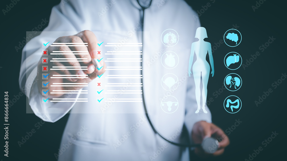 Medicine doctor examining the health of a female patient and check mark ...