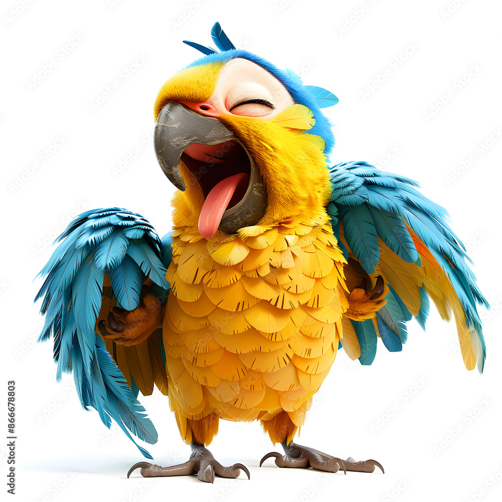 Yellow and blue parrot 3d with bright, colorful feathers is yawning ...