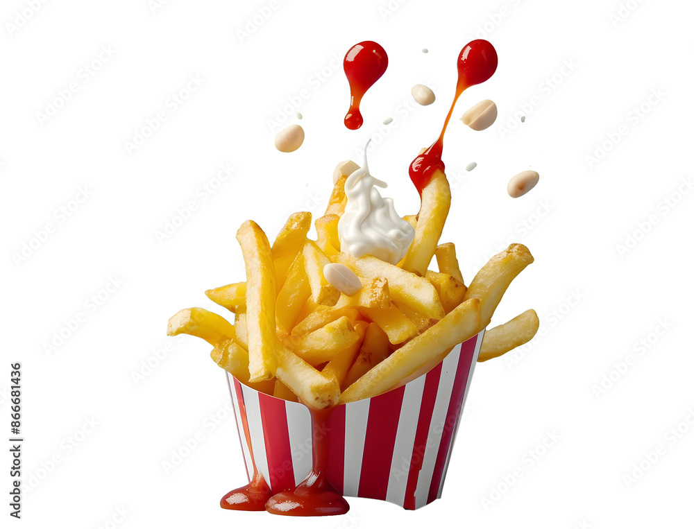 Exploding French fries with tomato ketchup and Mayonnaise in white ...