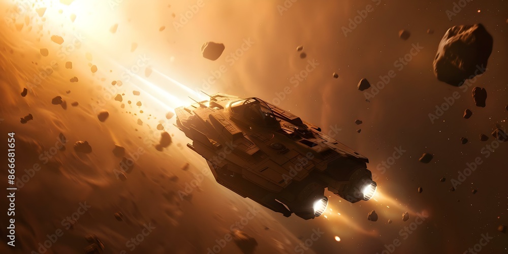 Skilled space pilot maneuvers ship through asteroid field avoiding ...