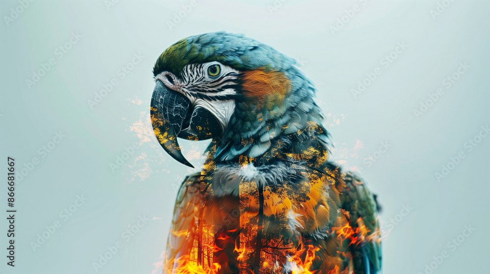 parrot double exposure with a burning jungle, concept of species ...