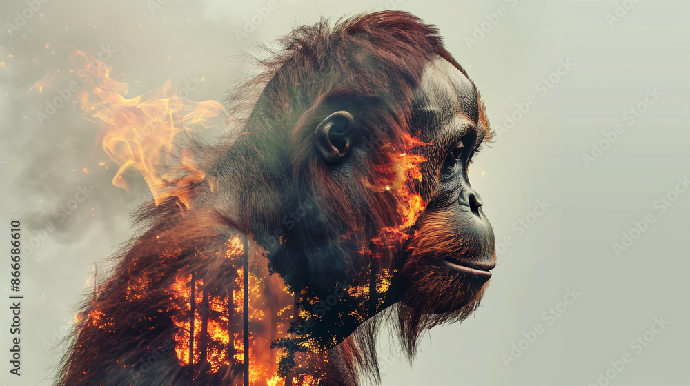 Orangutan double exposure with a burning jungle, concept of species ...