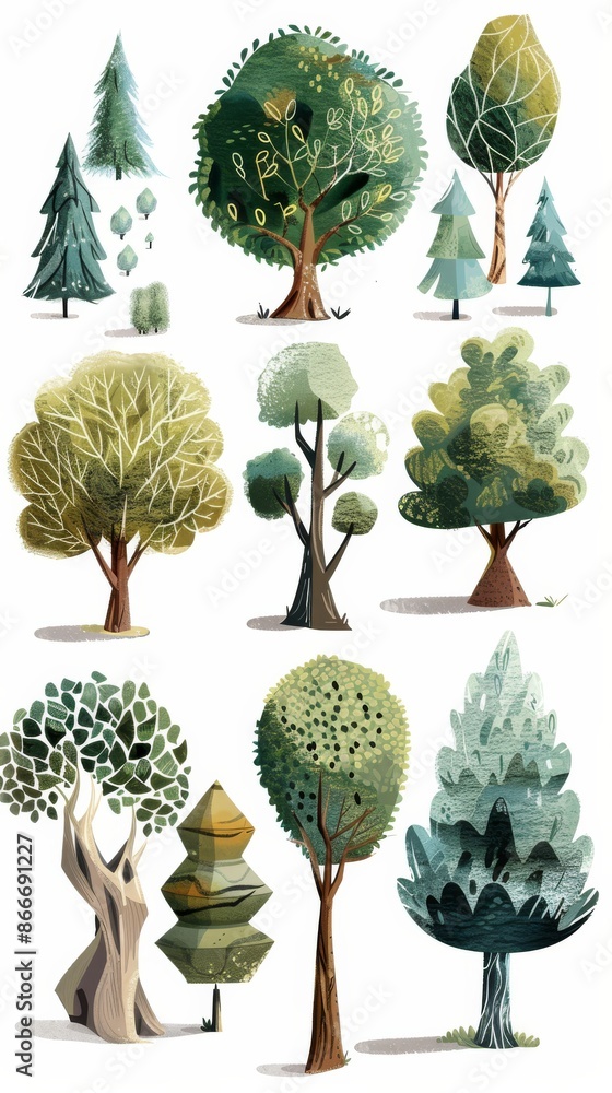 Variety of stylized trees are depicted, showcasing the diverse forms ...
