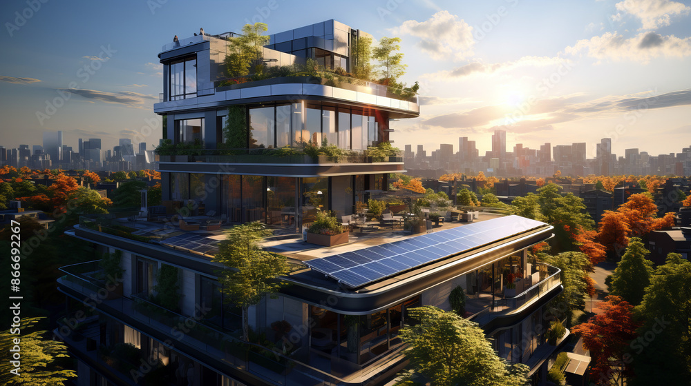 Residential buildings with lush green roofs and solar panels ...