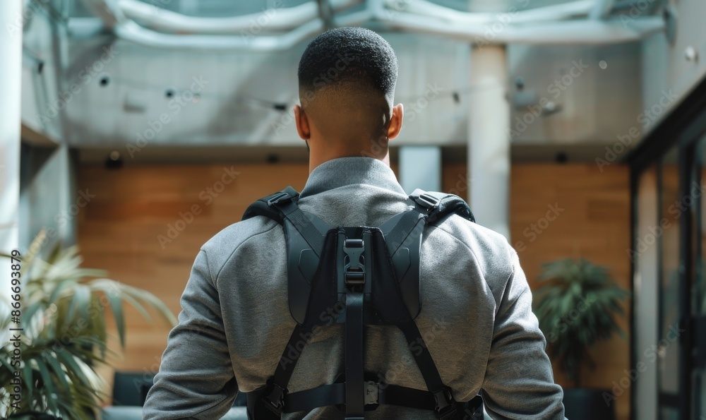 young black man in techwear with two backpacks in office building ...