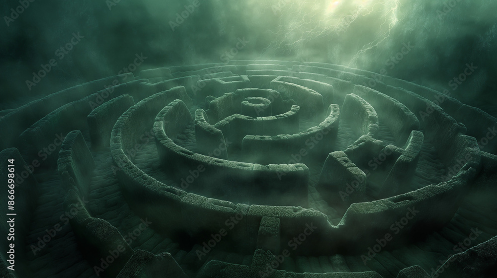 A mysterious stone maze shrouded in fog and light. The path to the center is obscured by ...