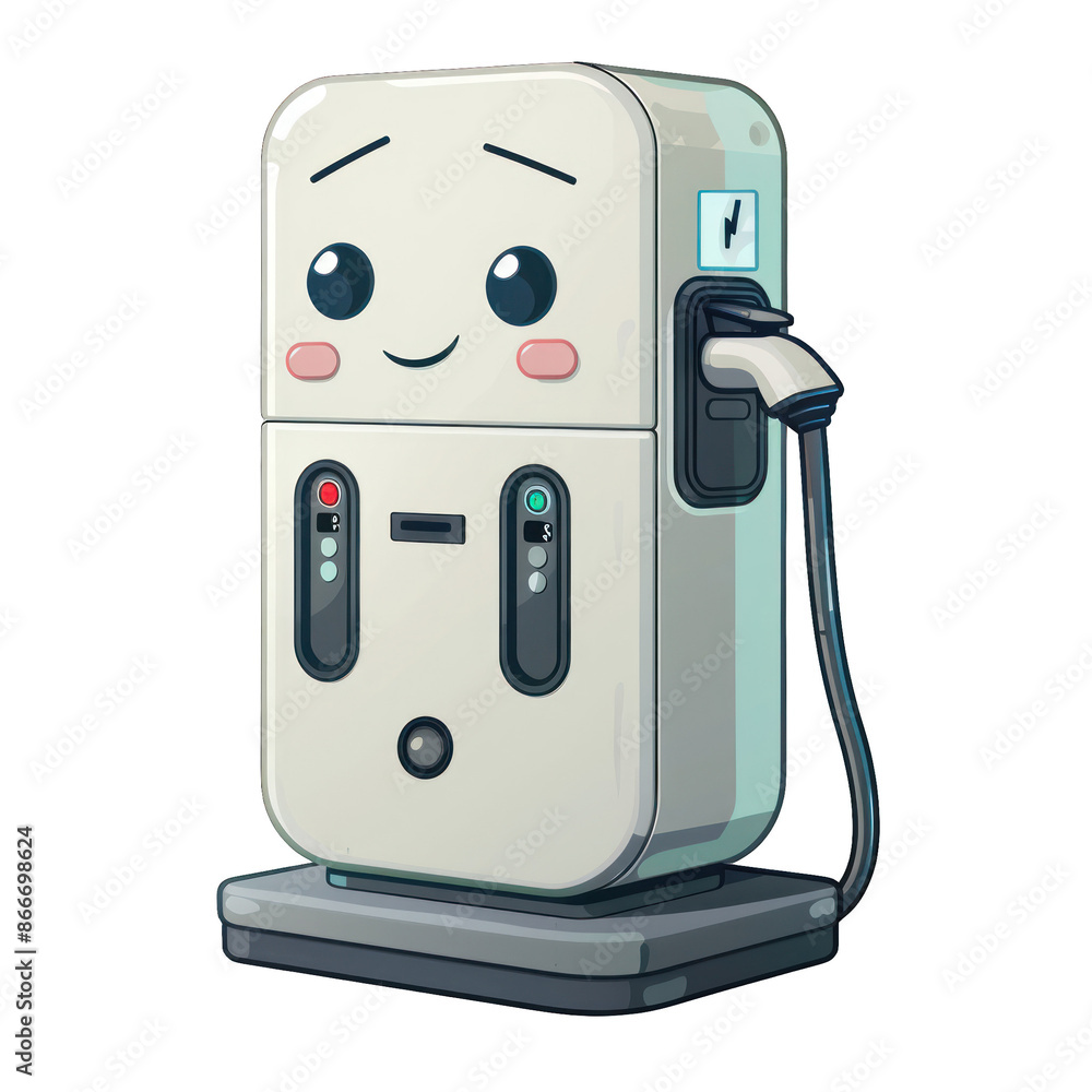 Cute animated electric vehicle charger with a friendly face, smiling ...
