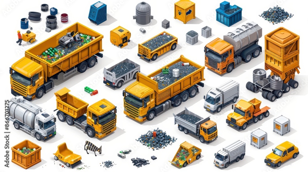 This image illustrates various waste management vehicles and equipment ...