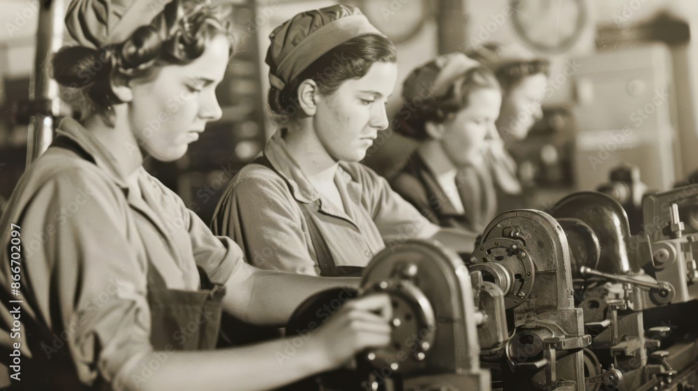 vintage sepiatoned photograph of female factory workers operating ...