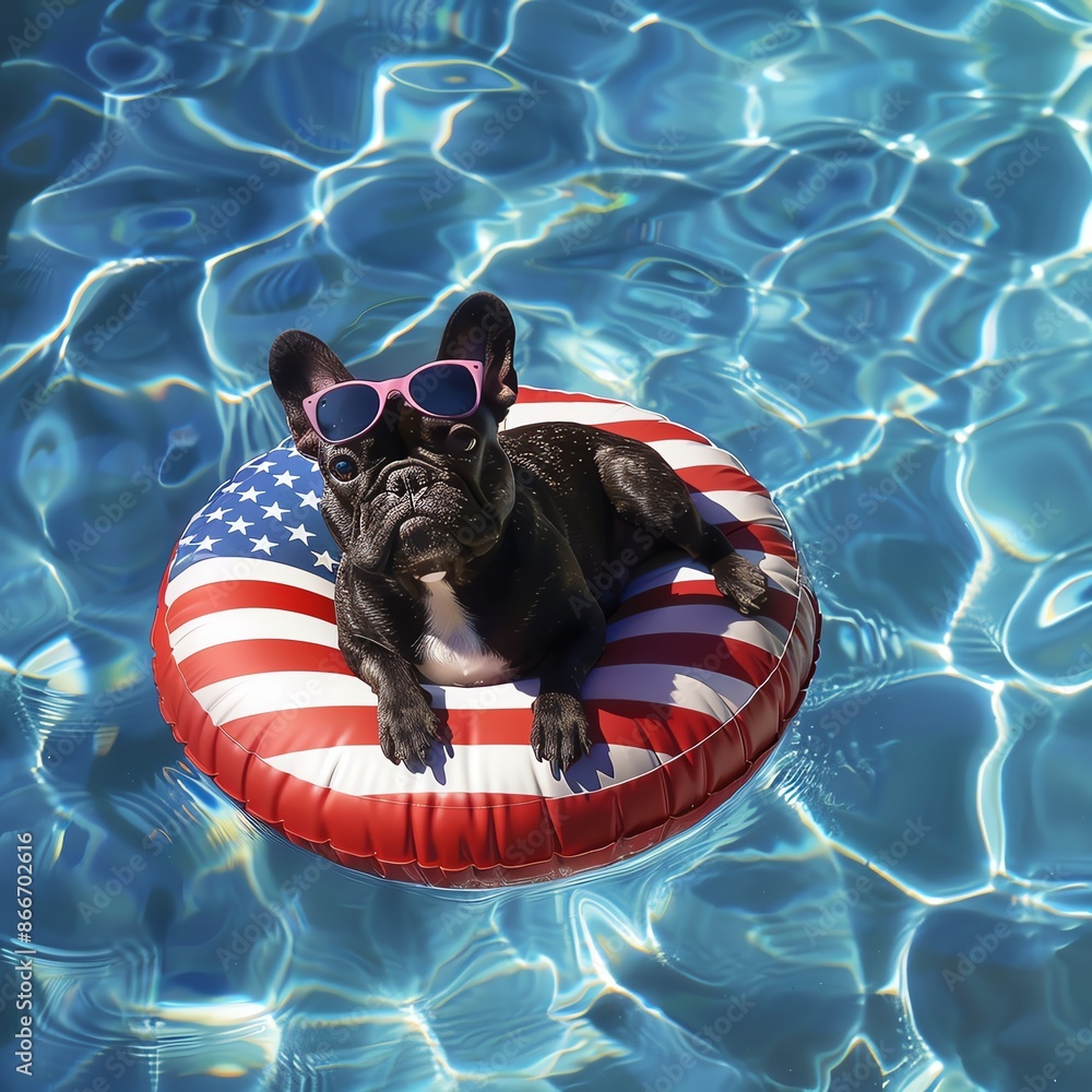 Cute French Bulldog wearing sunglasses floats in a pool on an American ...