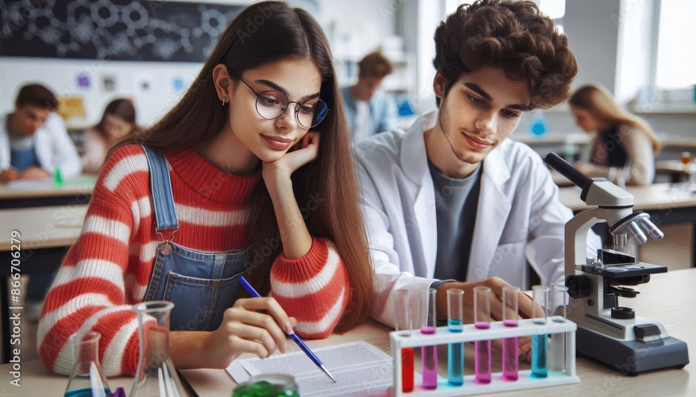 Young Students Studying Chemistry in a Lab - Two young students, a girl ...
