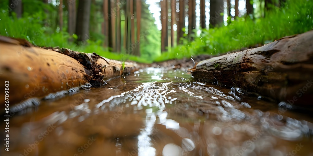 Water drainage ditch in deforested area with felled logs and distant ...
