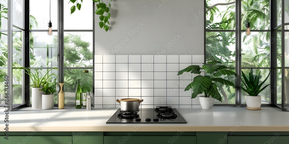 Chic modern kitchen with green counter induction cooktop white tile ...
