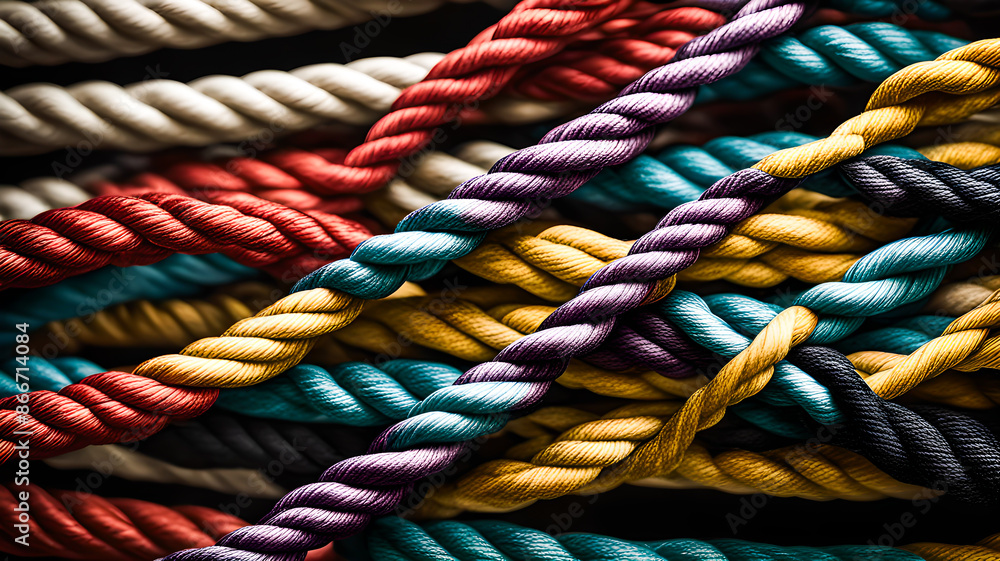 Colored ropes connected together in interdependence. Ropes joining ...