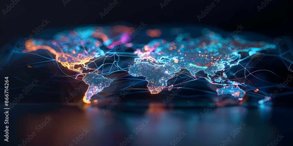 Colorful map displaying global internet traffic flow along undersea ...