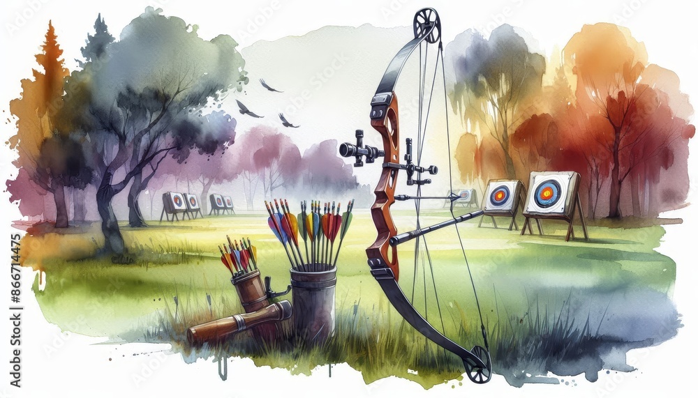 Archery Equipment at a Woodland Range - Watercolor illustration ...