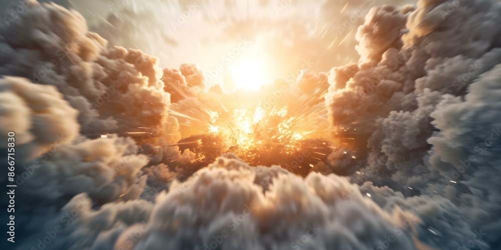 Urban area devastated by missile strike causing massive explosion ...