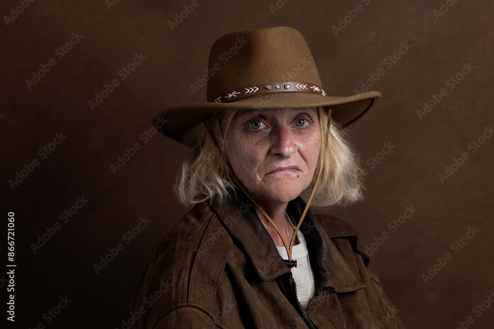 Closeup studio portrait of a scowling elderly female cowgirl female ...