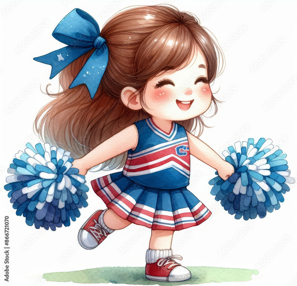 Cheerful Cheerleader with Pom-Poms - A young girl in a blue and red ...