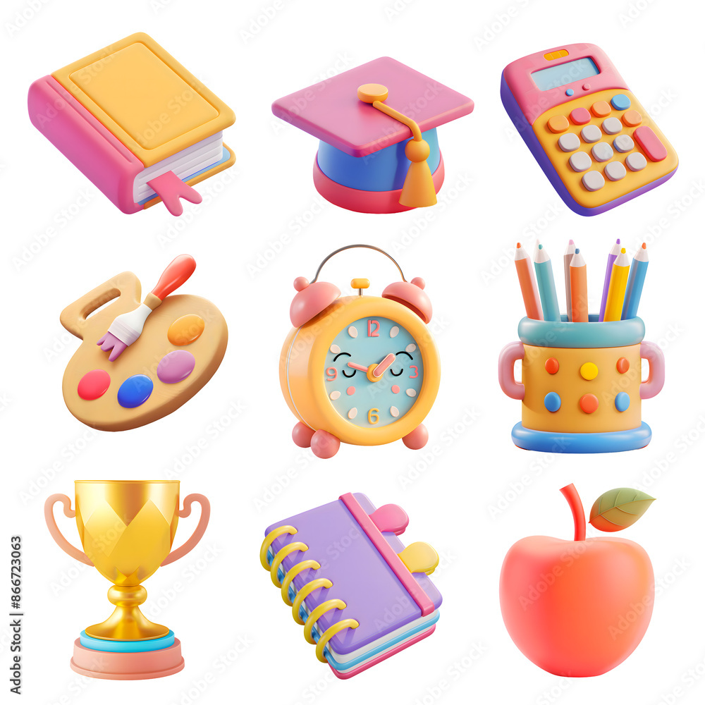 3D icons collection of cute school items. Back to school and education ...