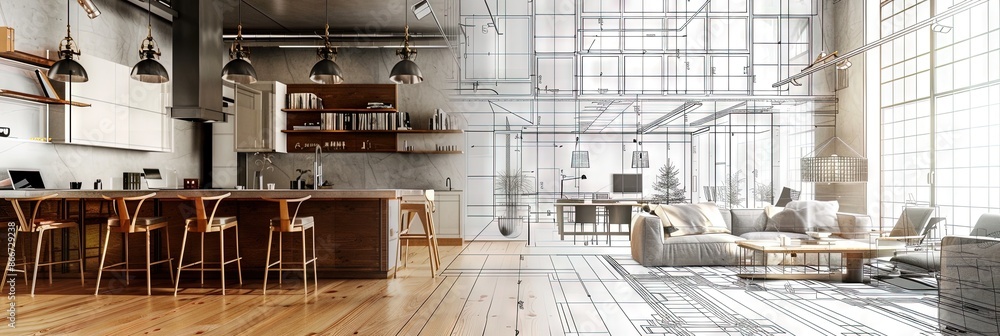 home office design concept with half real photo and half interior ...