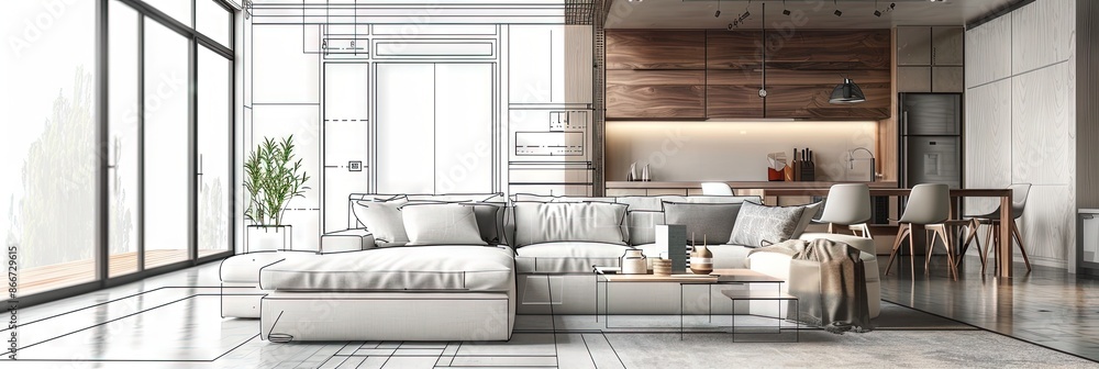 living room design concept with half real photo and half interior ...