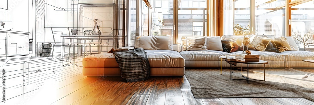 living room design concept with half real photo and half interior ...