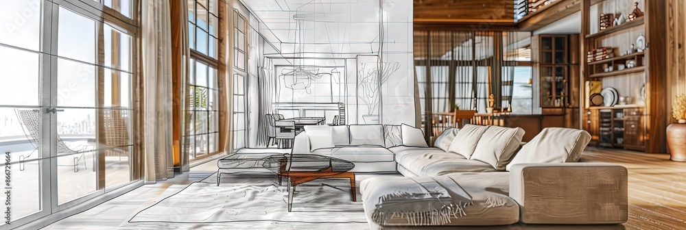 living room design concept with half real photo and half interior ...