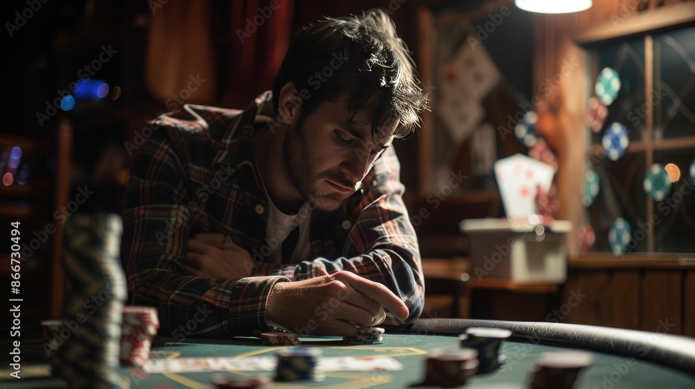 Broken dreams: A sorrowful gambler in a dimly lit room, poker chips and ...