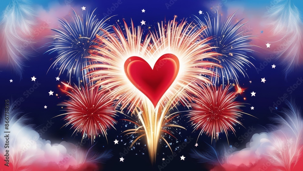 Fireworks Display with a Heart of Gold - Red, white and blue fireworks ...