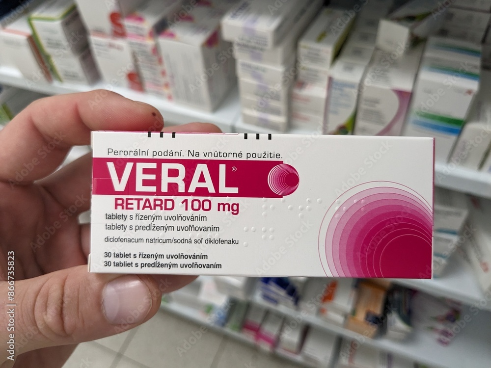 Prague, Czech Republic - July 9 2024: VERAL box of medication with diclofenac active substance ...