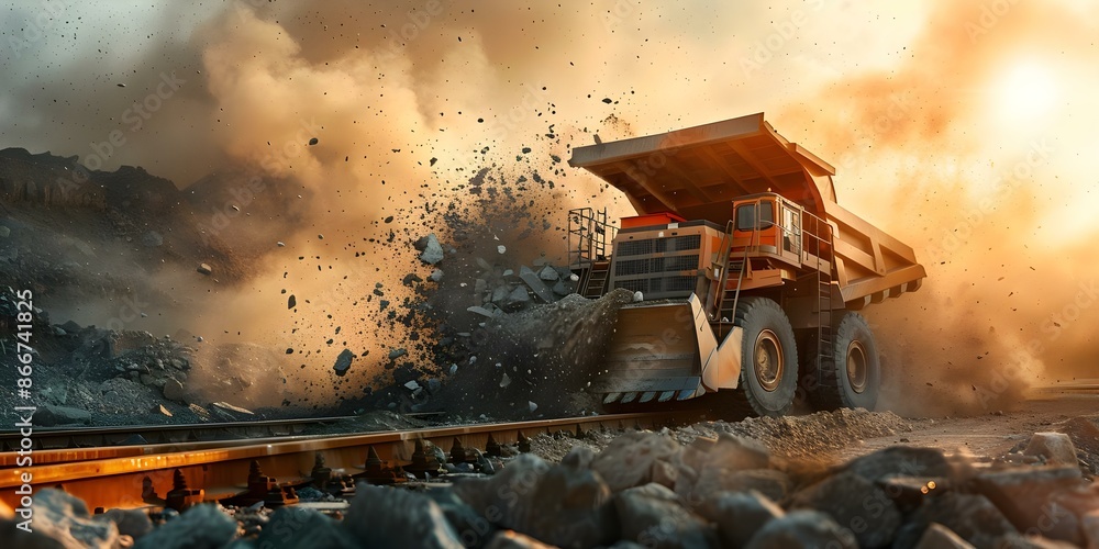 Industrial machines crush stones in quarry, causing dust accumulation ...