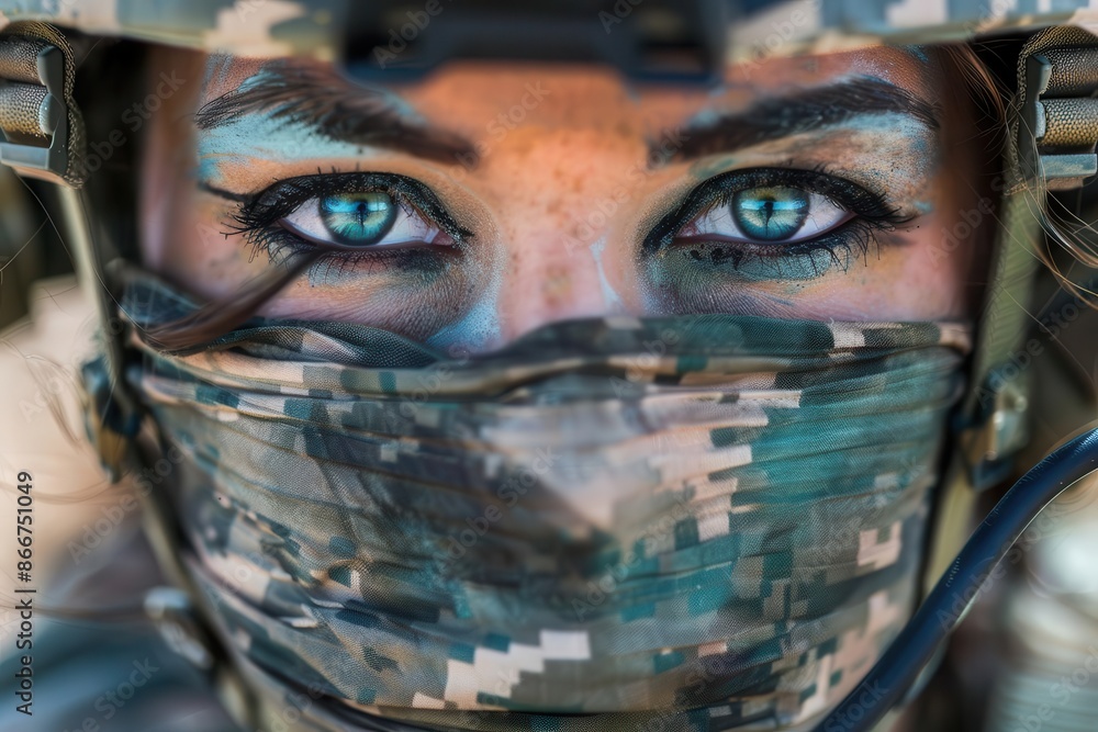 intense closeup of a female special forces operative piercing emerald eyes visible through ...