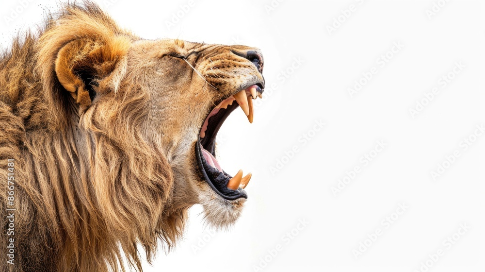 Lion making a facial expression and baring teeth against white ...