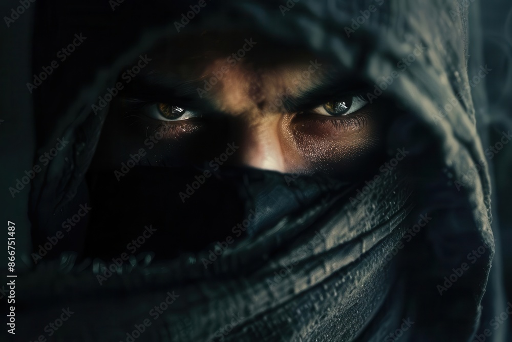 intense closeup portrait masked bank robbers face partially obscured by ...