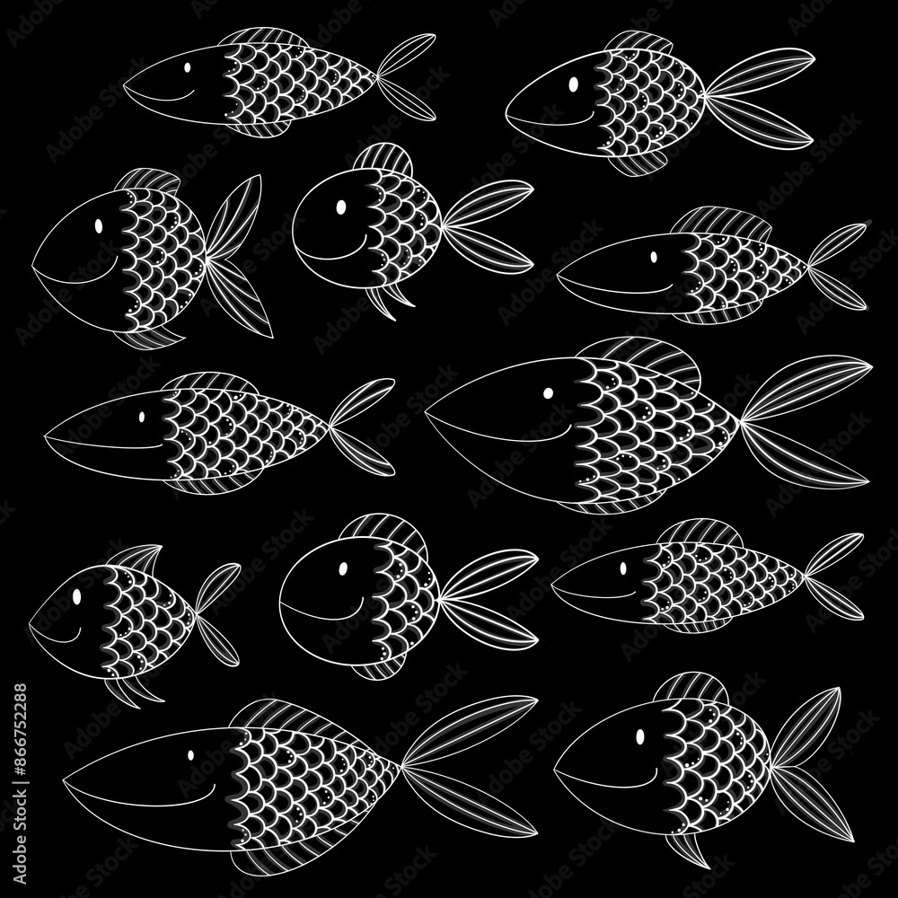 Illustration of a multiple fun cartoon fish swimming underwater ...
