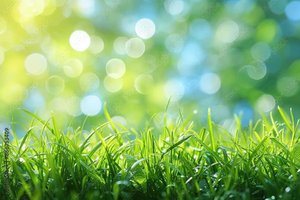 World environment day concept: green grass and blue sky abstract ...