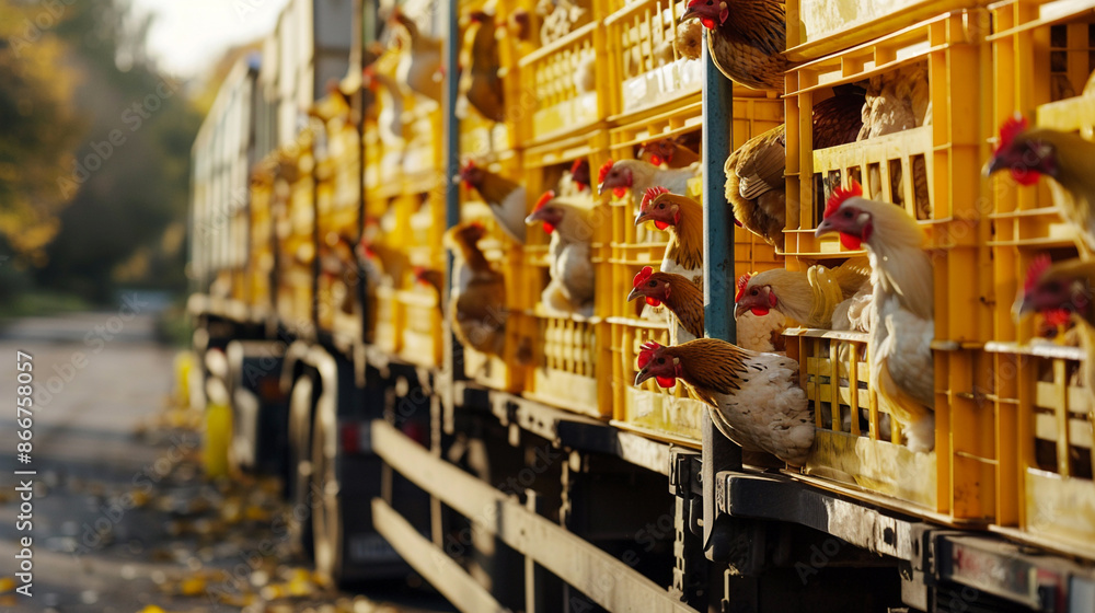 Chicken getting transported by truck from livestock farm to the food ...