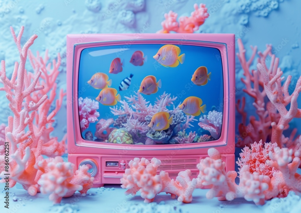 A pink vintage television transformed into an aquarium, showcasing a ...