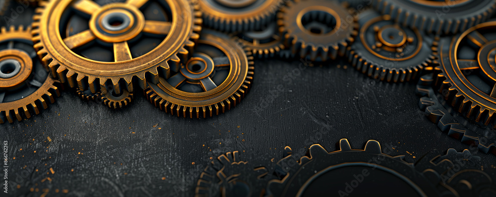 A close up of a bunch of gears with a black background. The gears are ...