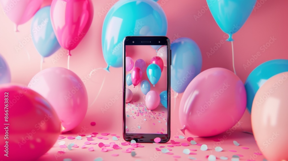 A smartphone displaying a digital birthday card surrounded by virtual ...