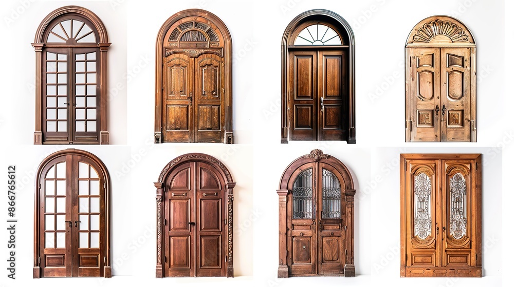 Antique wooden doors isolated on white background. Collection of ...