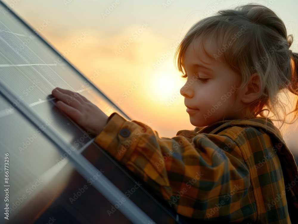 Little one touching the solar panel system. Human interaction with ...