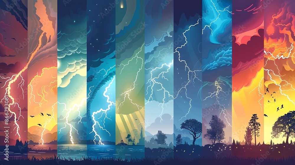 Vector illustrations of different weather phenomena thunderstorms ...