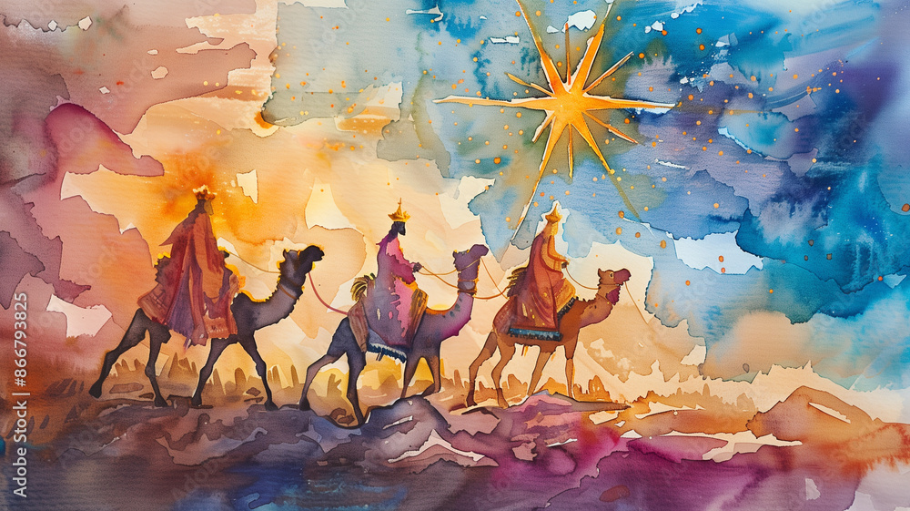 Birth of Jesus Christ, three kings riding on camels through the desert ...