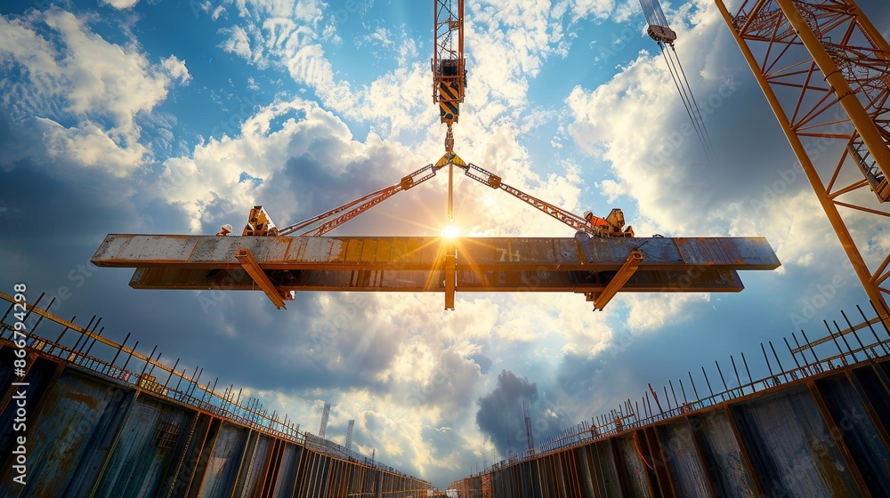 Construction crane lifting steel beams for bridge project. Stock ...
