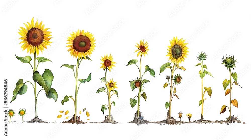 Series of illustrations lifecycle of Sunflower Helianthus annuus ...