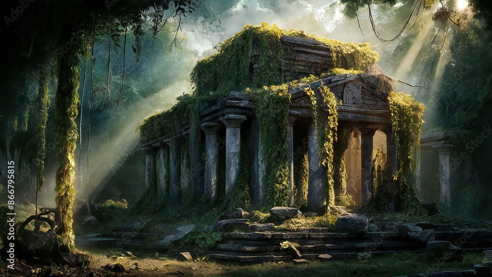 An Ancient, Overgrown Temple Hidden in Jungle with Sunlight Passing ...