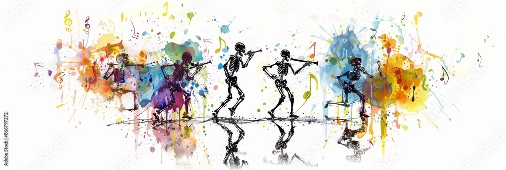 Whimsical and captivating of a dancing skeleton band performing on an ...